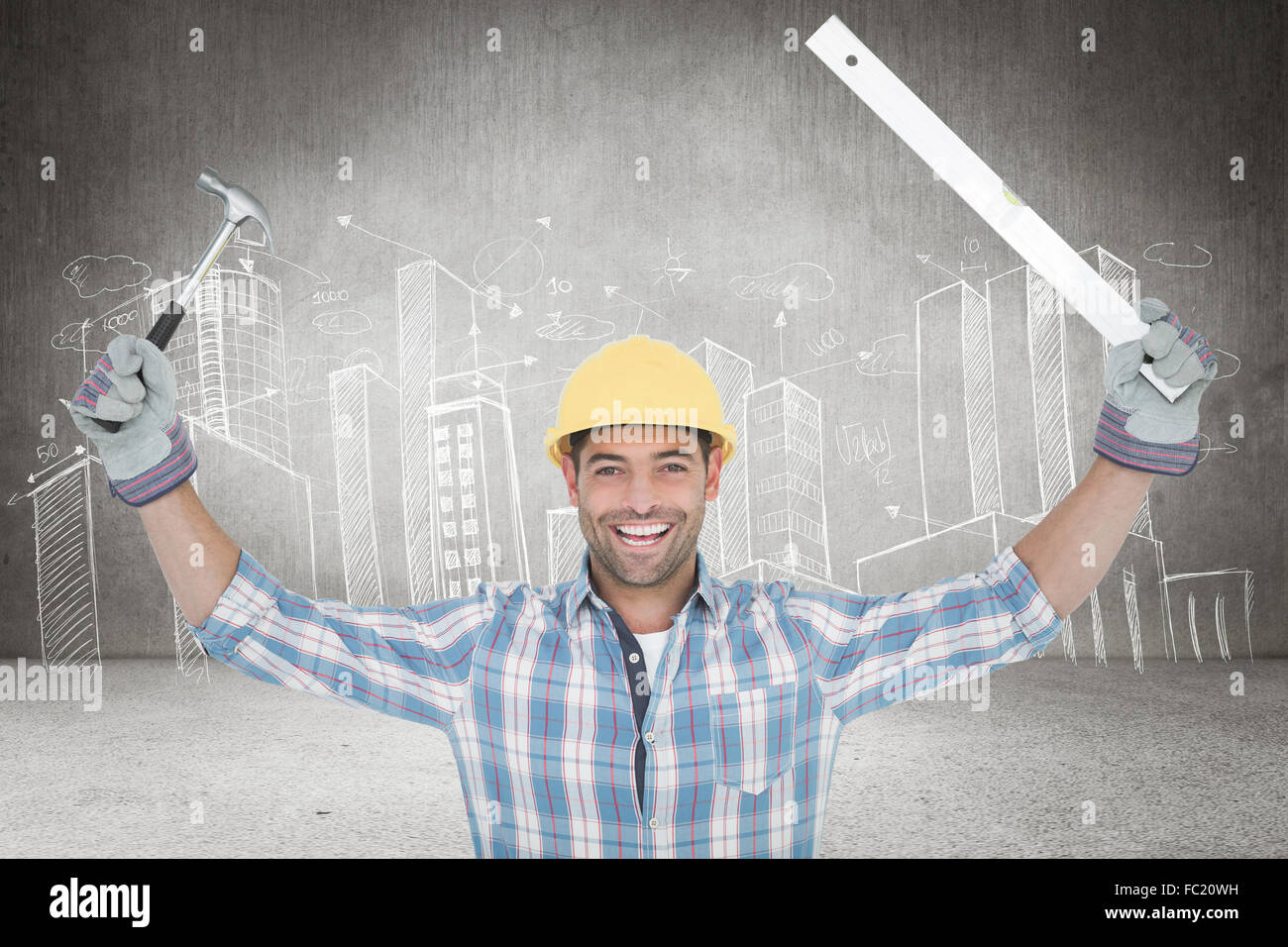 Composite image of smiling handyman holding hammer and level Stock ...