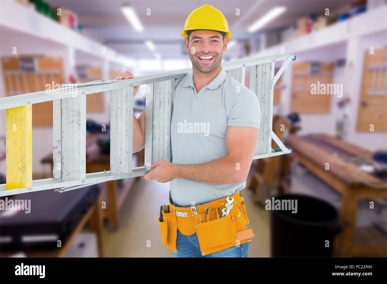 Composite image of portrait of smiling repairman carrying ladder Stock ...