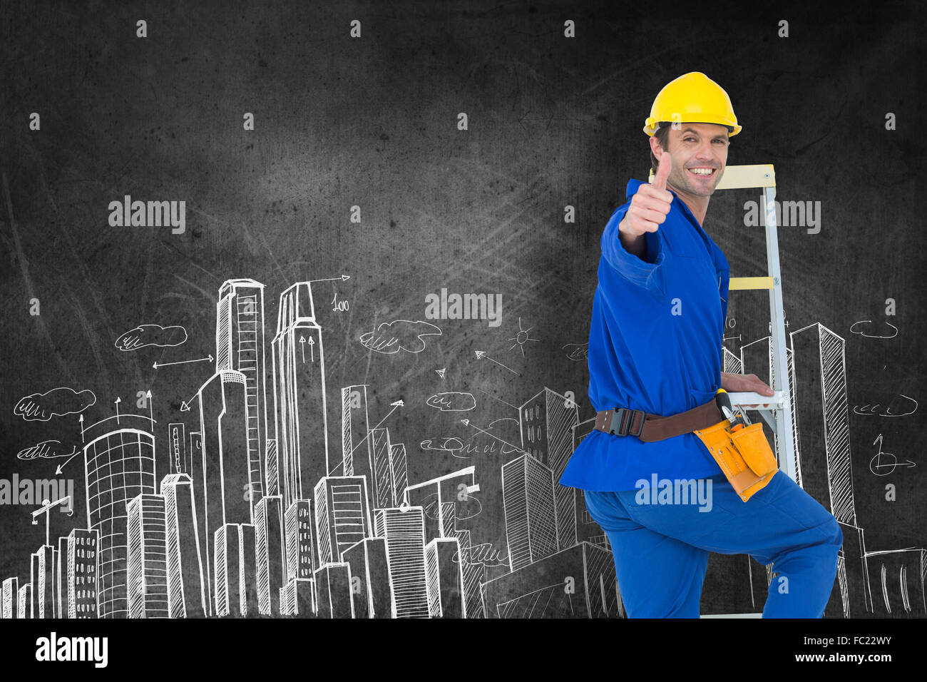 Composite image of repairman gesturing thumbs up while climbing step ...