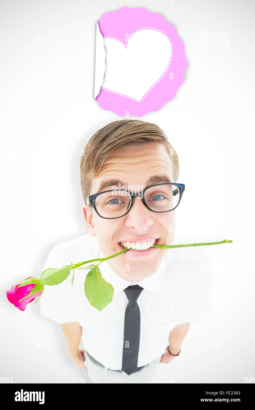 Composite image of geeky hipster holding a red rose in his teeth Stock ...