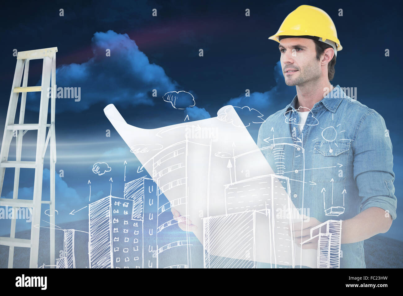 Composite image of architect holding blueprint in house Stock Photo - Alamy