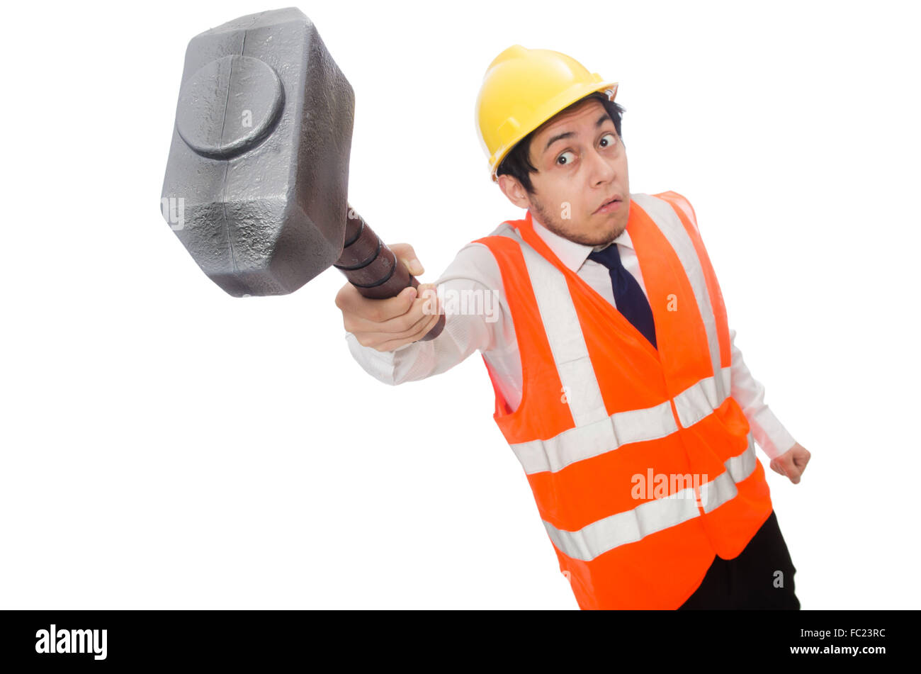 Construction worker with hammer isolated on white Stock Photo - Alamy
