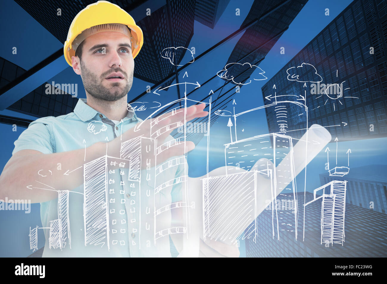 Composite image of architect with blueprint gesturing on white ...