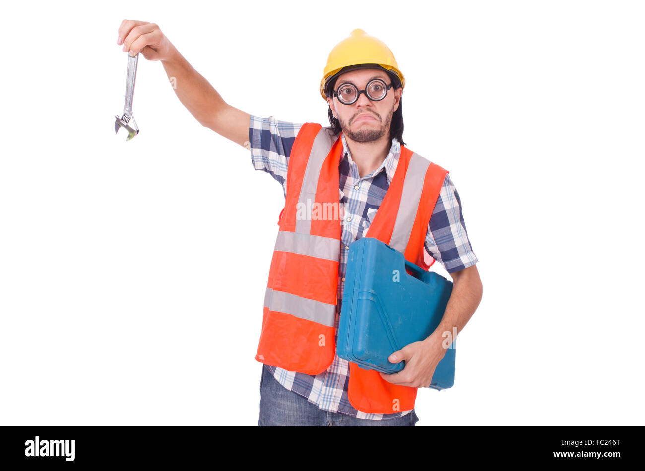 Funny young construction worker with toolbox and wrench isolated on ...