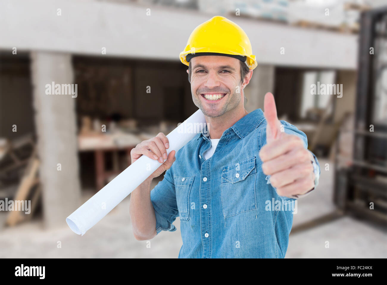 Composite image of architect holding blueprint while gesturing thumbs ...