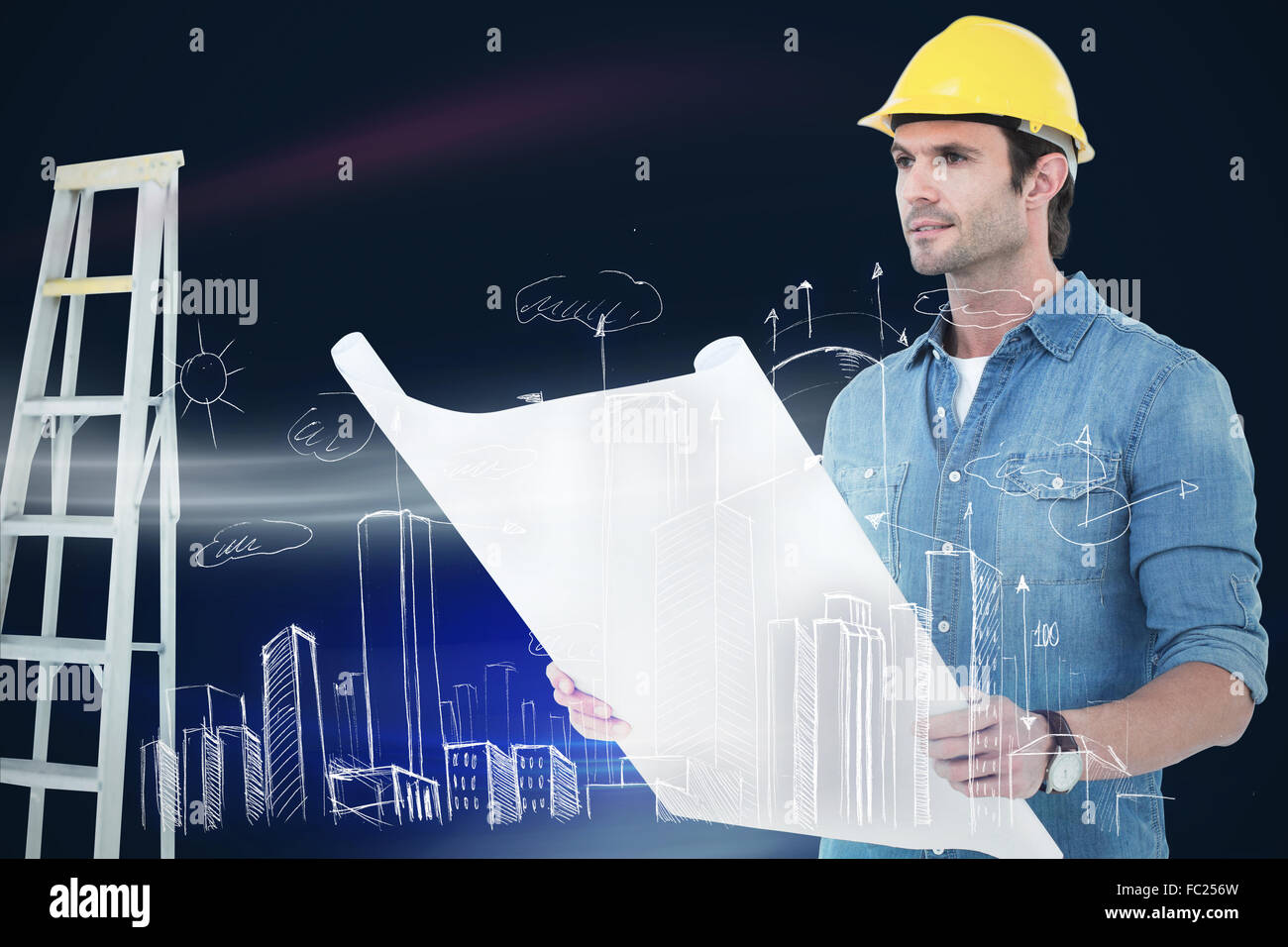 Composite image of architect holding blueprint in house Stock Photo - Alamy
