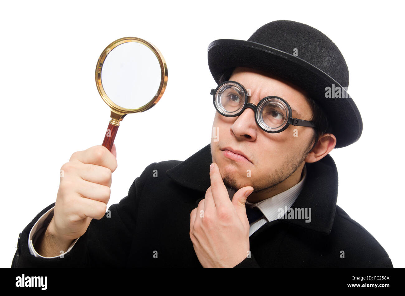 Detective with magnifying glass isolated on white Stock Photo - Alamy