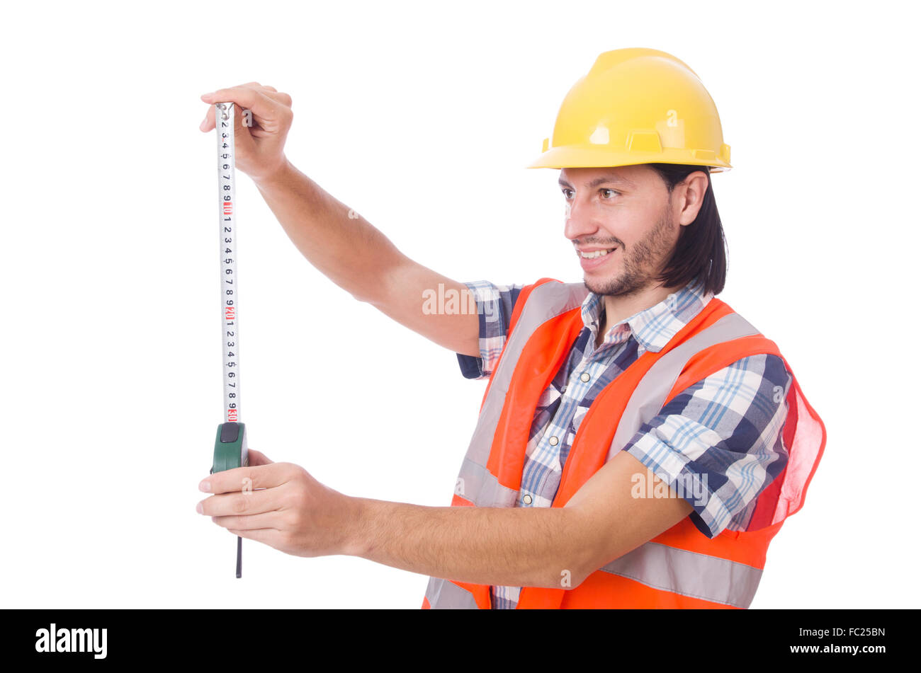 Construction worker with tape-line isolated on white Stock Photo - Alamy