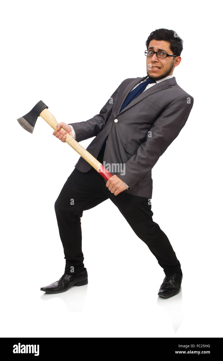 Young businessman holding a tool isolated on white Stock Photo - Alamy