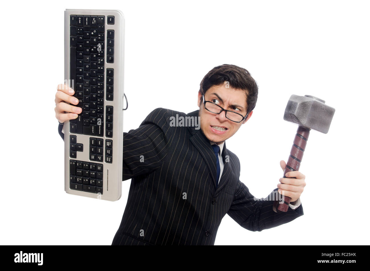 Young employee with keyboard isolated on white Stock Photo - Alamy