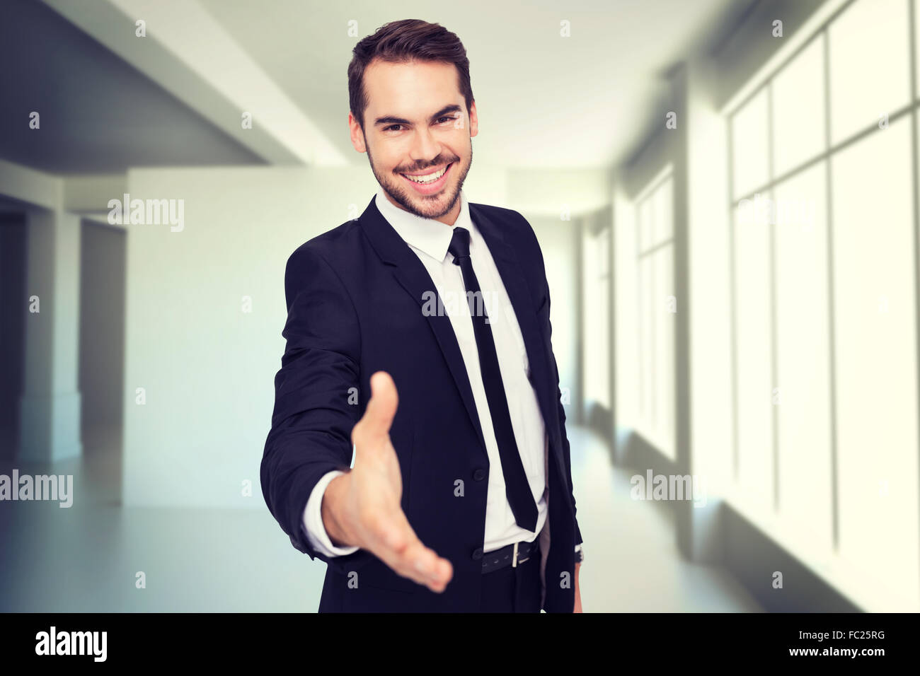 Composite image of portrait of smiling businessman offering handshake ...
