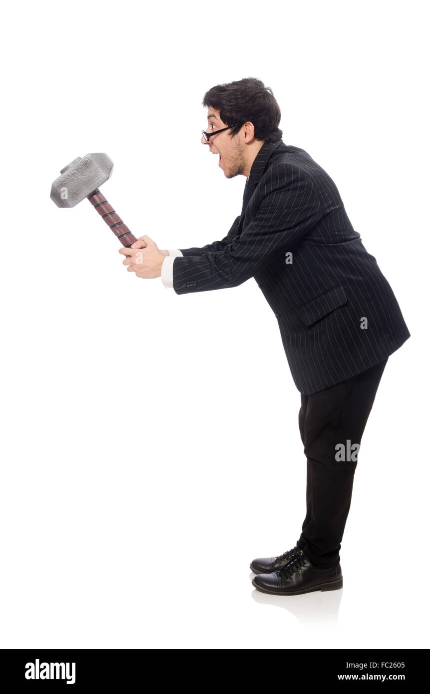 Business man holding hammer isolated on white Stock Photo - Alamy