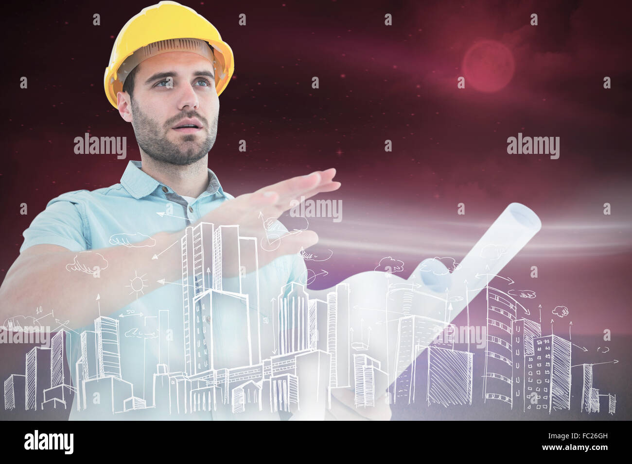 Composite image of architect with blueprint gesturing on white ...
