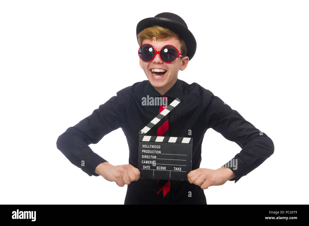 Positive boy with clapper board isolated on white Stock Photo - Alamy