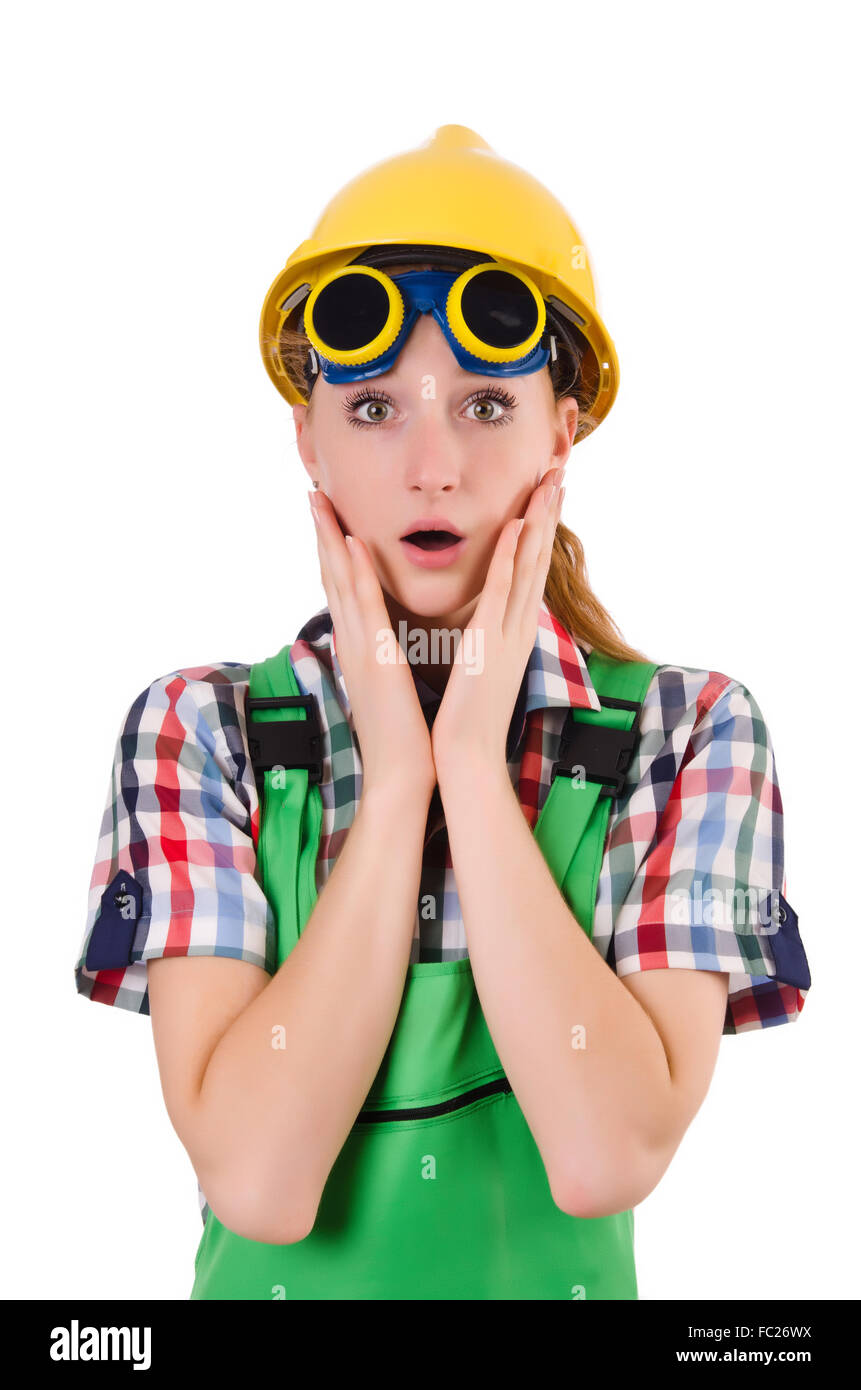 Female handyman in overalls isolated on white Stock Photo - Alamy