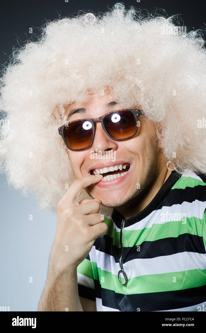 Funny man with afro hairstyle isolated on white Stock Photo - Alamy