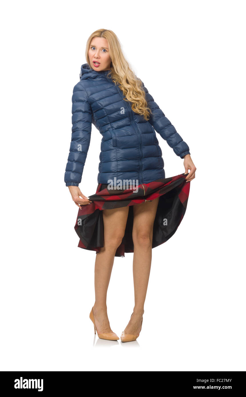 Pretty female model in blue jacket isolated on white Stock Photo - Alamy