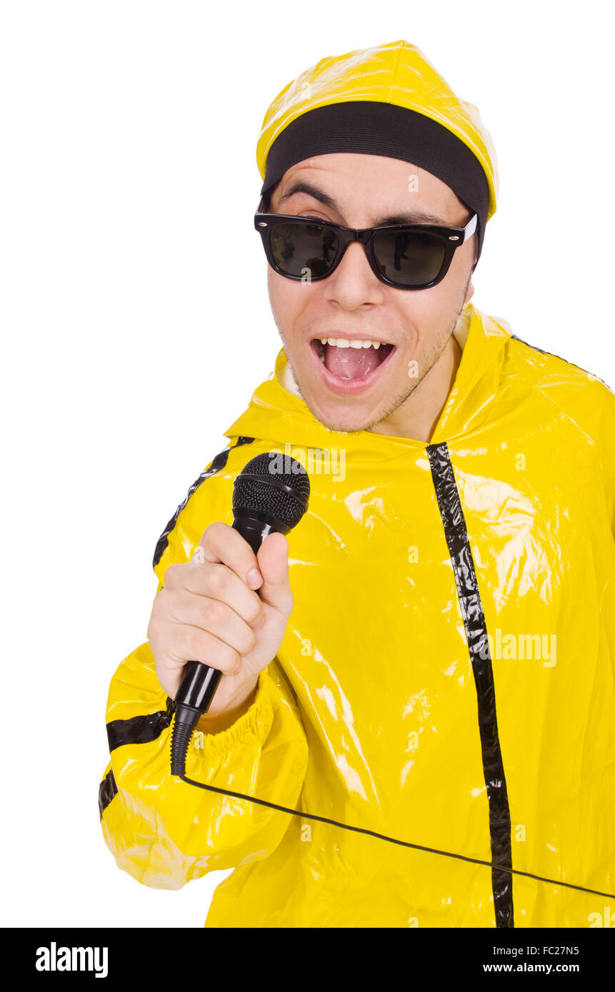 Funny performer with mic isolated on the white Stock Photo - Alamy