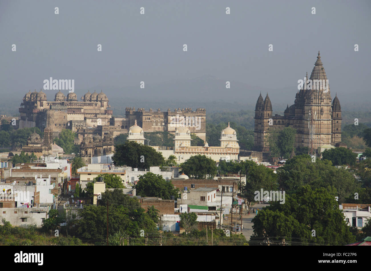 Orchha monuments. From the left Orchha Palace, Ram Raja Temple and ...