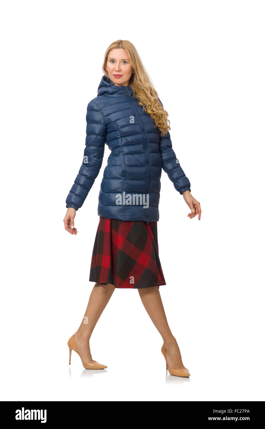Pretty female model in blue jacket isolated on white Stock Photo - Alamy