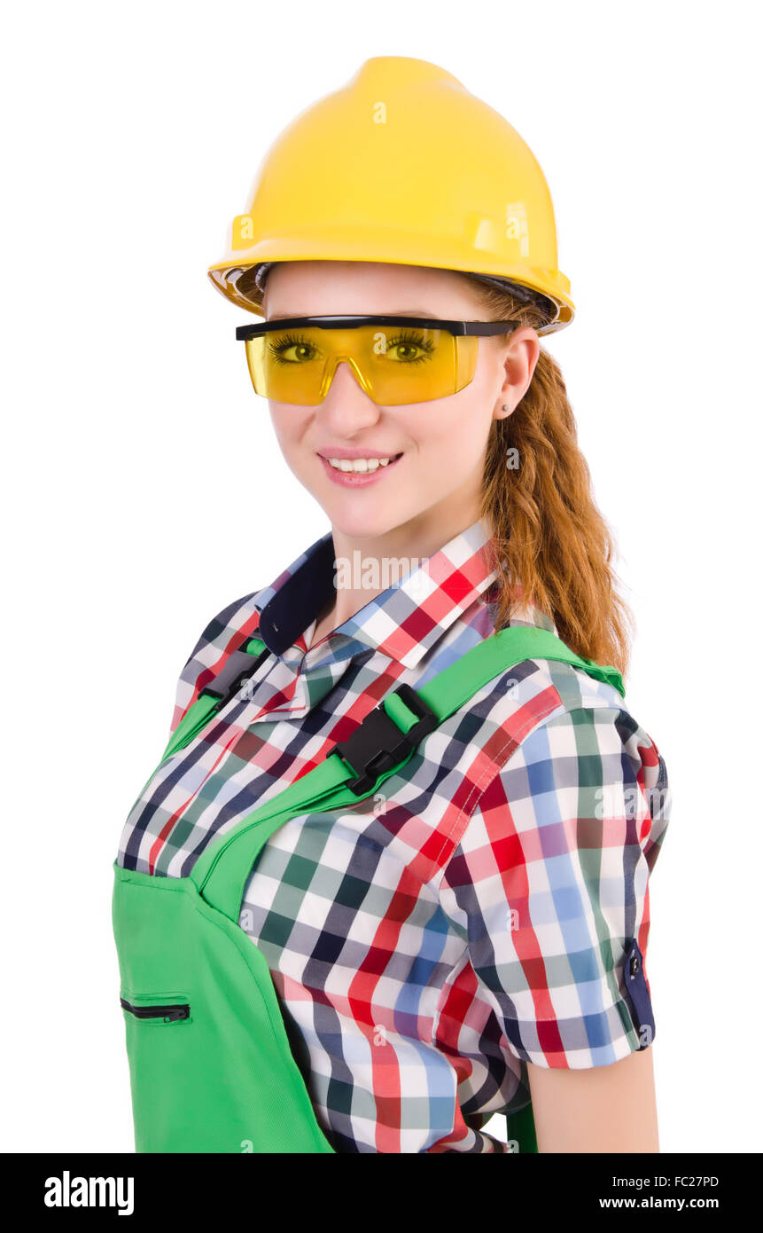 Female handyman in overalls isolated on white Stock Photo - Alamy