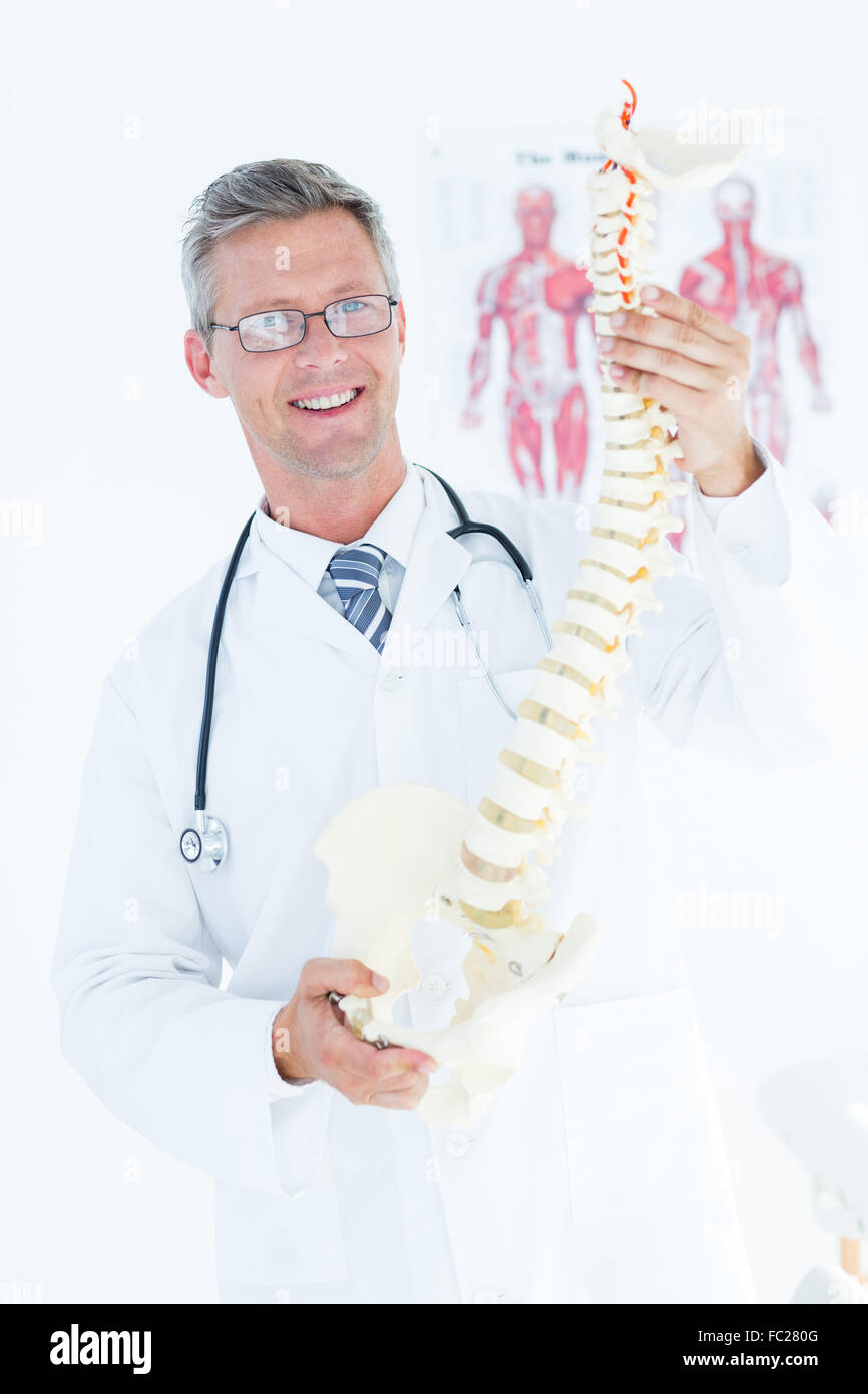 Doctor holding anatomical spine and smiling at camera Stock Photo - Alamy