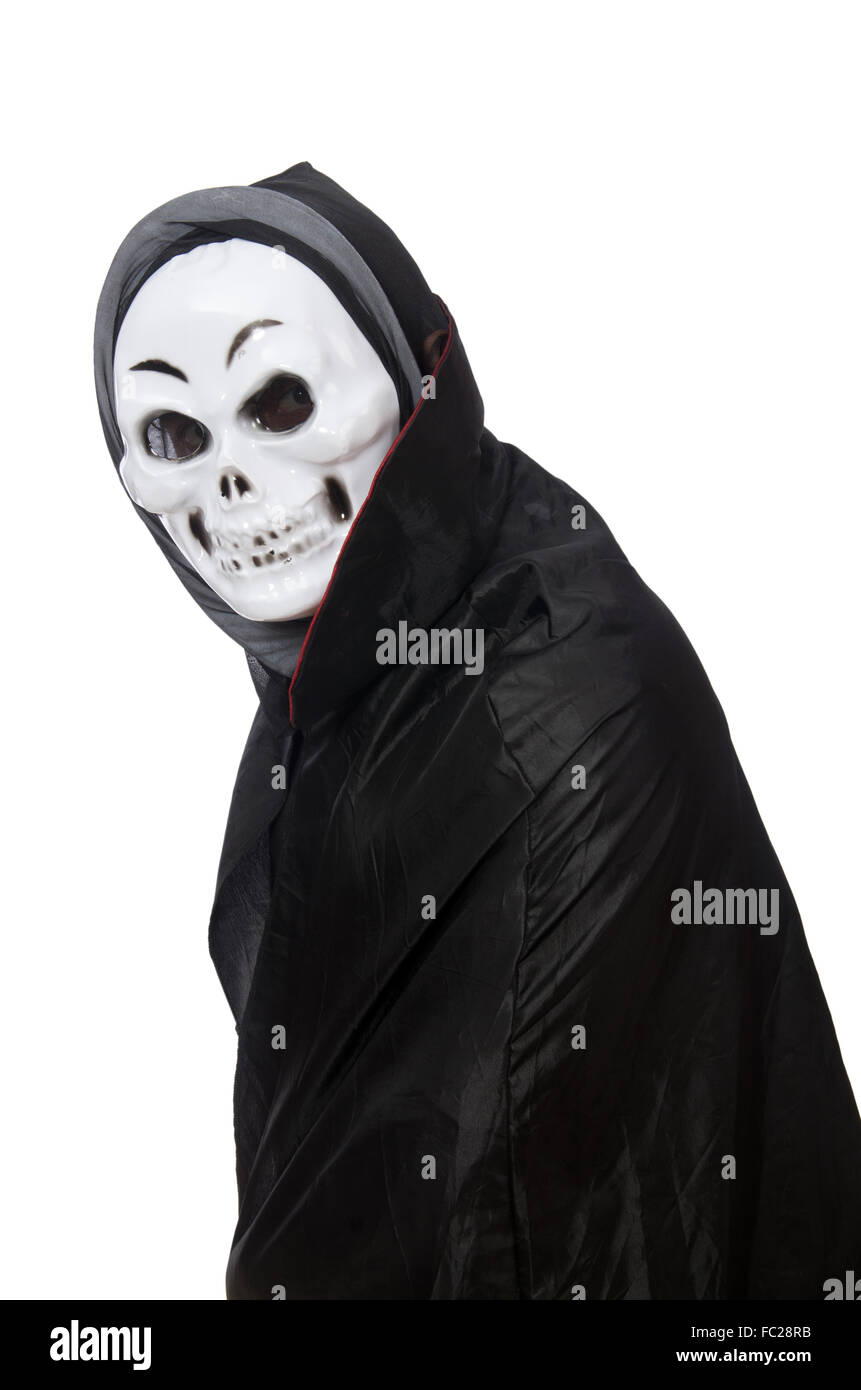 Man in horror costume with mask isolated on white Stock Photo - Alamy