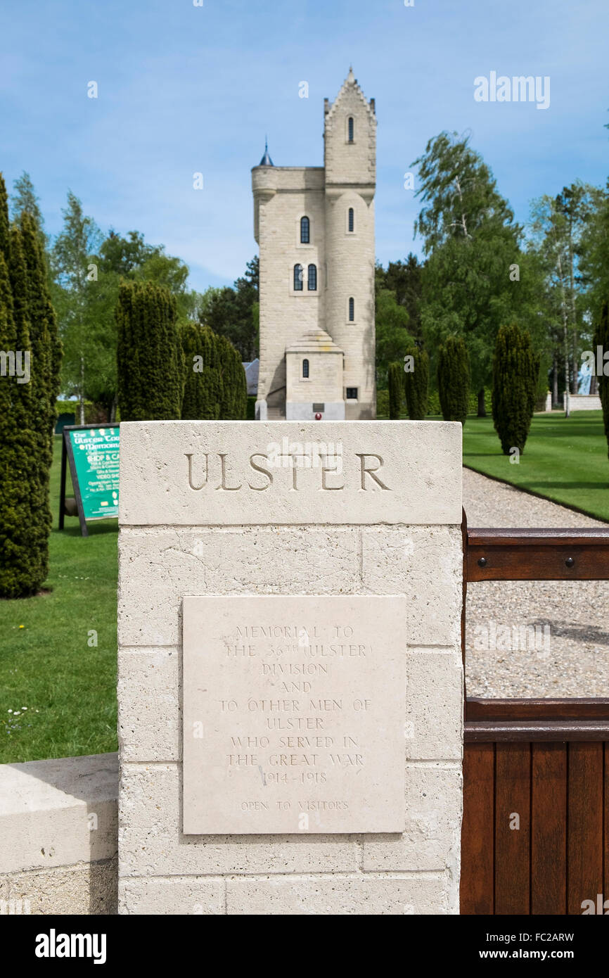 The Ulster Memorial Tower, Somme. France, showing descfiptive plaque on ...