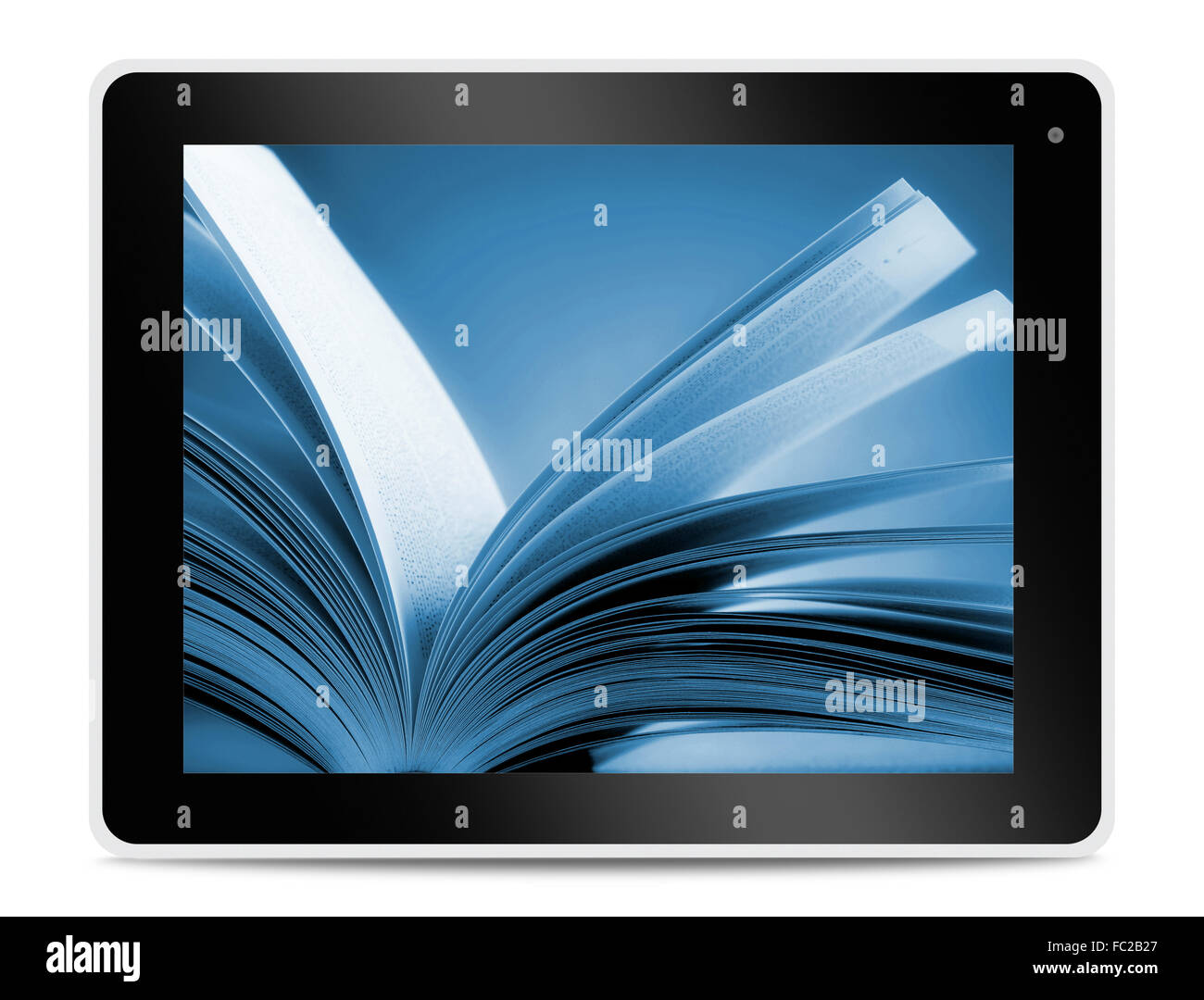 Book on computer tablet screen. Reading online Stock Photo - Alamy