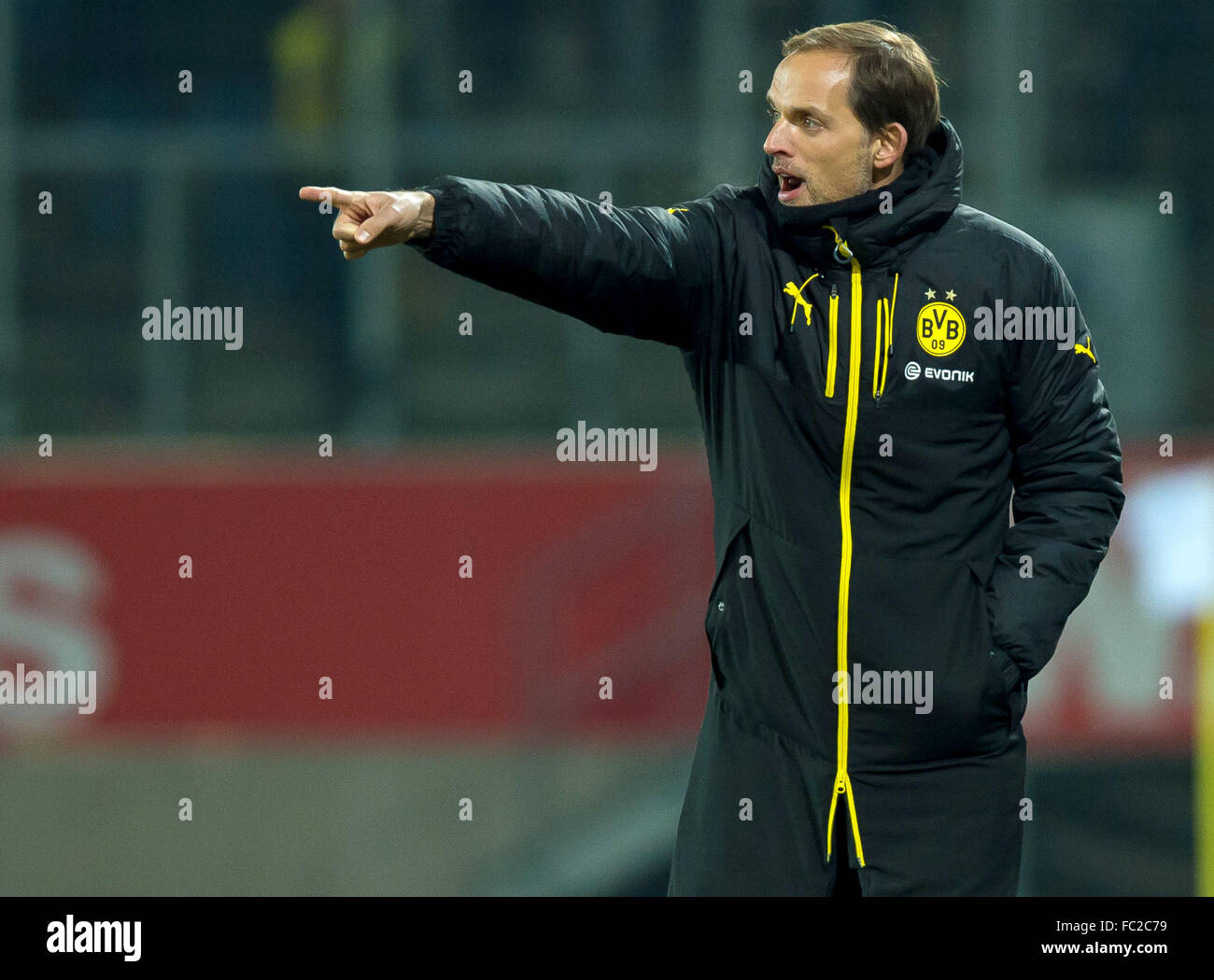 Essen, Germany. 19th Jan, 2016. Dortmund's coach Thomas Tuchel reacts ...