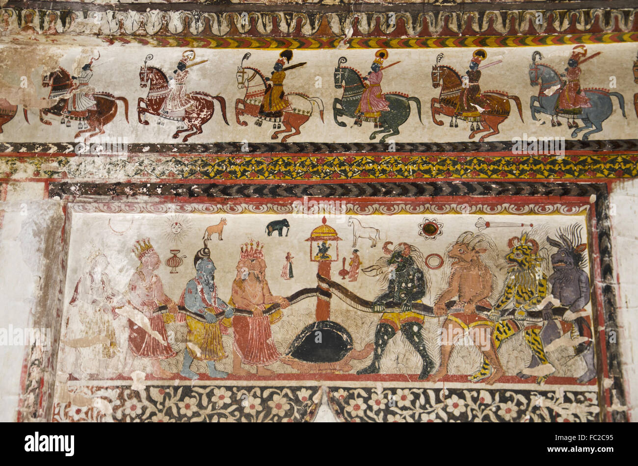 Mythological paintings on the ceiling of Raj Mahal. Orchha Palace (Fort ...
