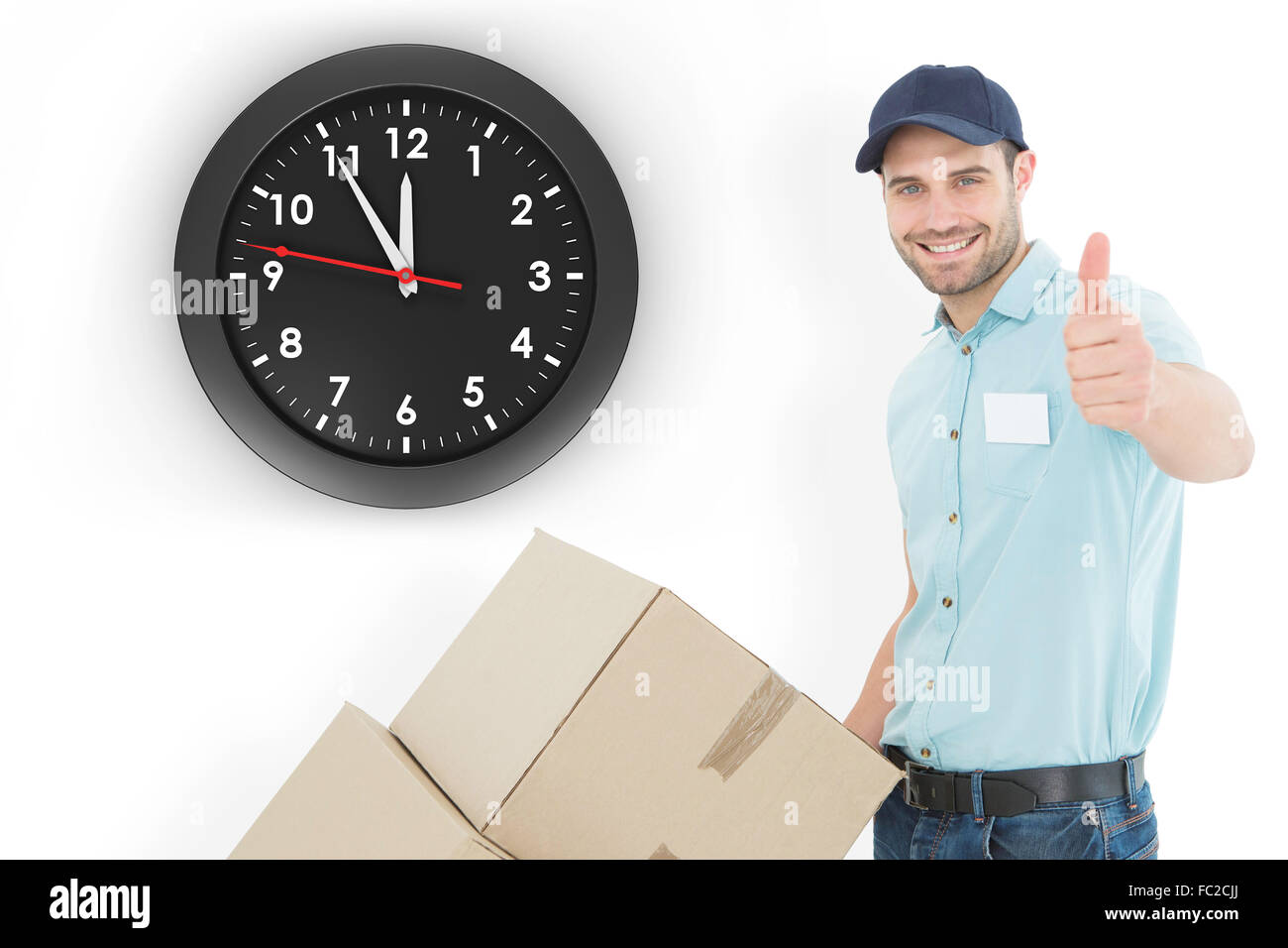 Composite image of delivery man with cardboard boxes gesturing thumbs ...