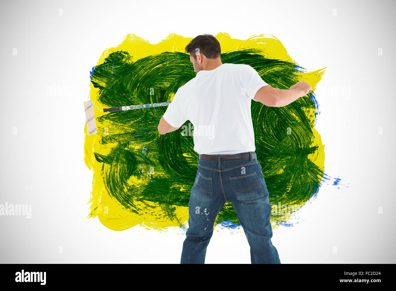 Composite image of man using paint roller on white background Stock ...