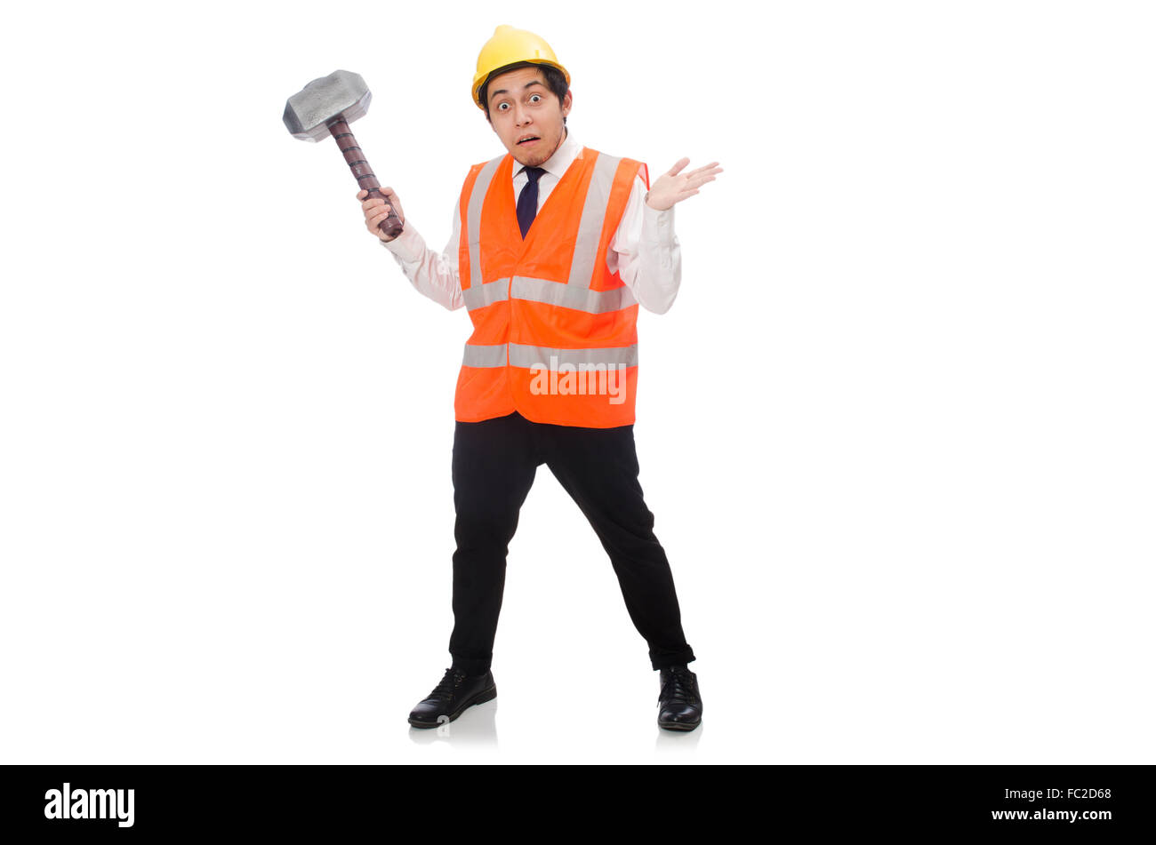 Construction worker with hammer isolated on white Stock Photo - Alamy