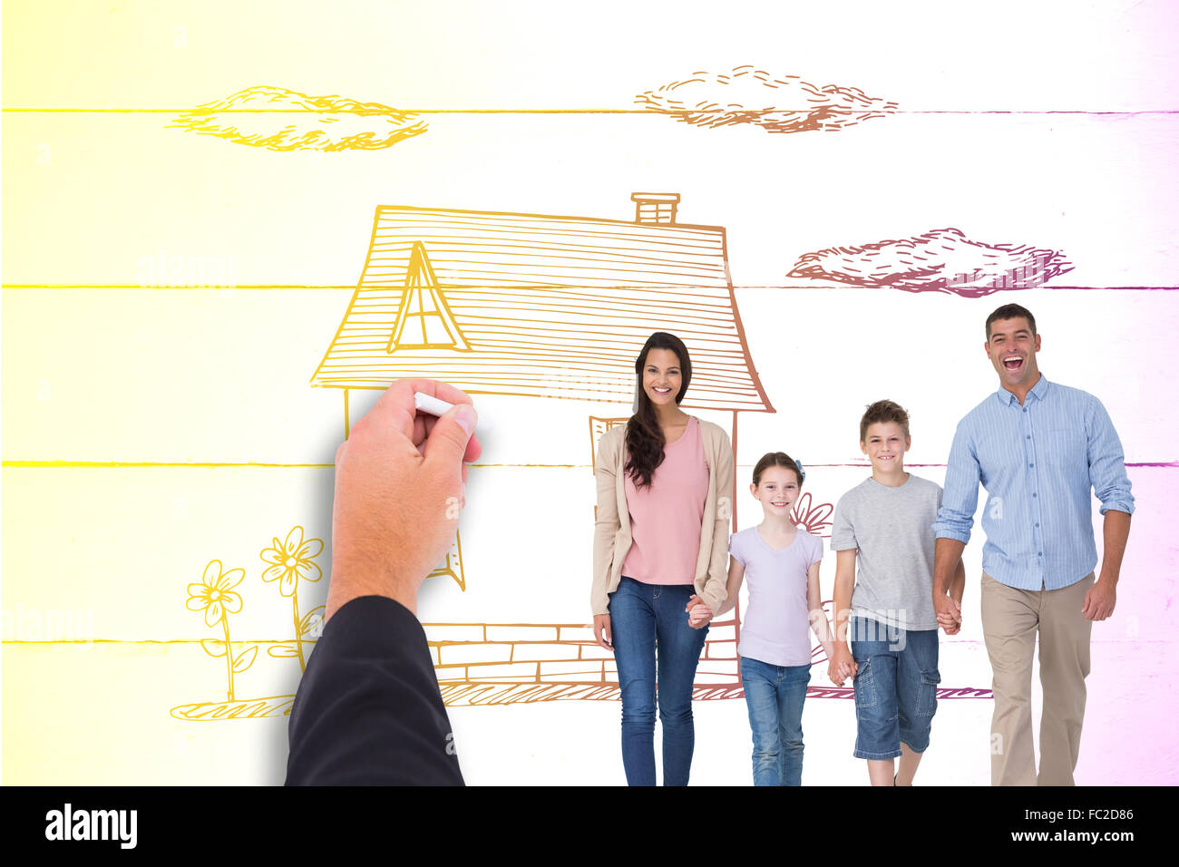 Composite image of portrait of happy family walking over white ...