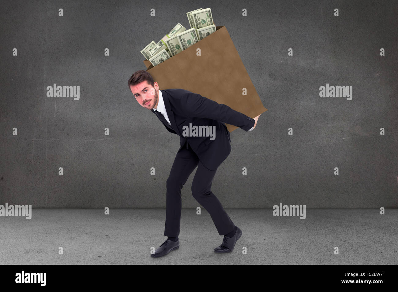 Composite image of businessman carrying something with his back and ...
