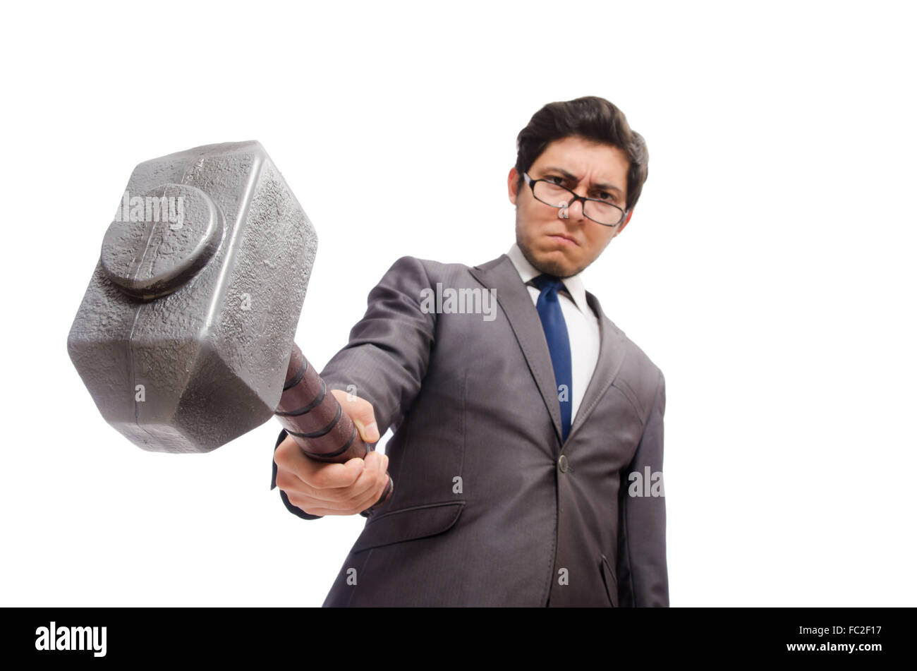 Business man holding hammer isolated on white Stock Photo - Alamy