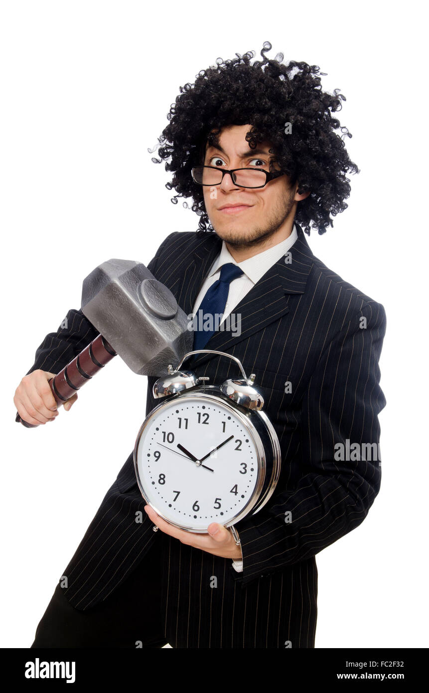 Businessman holding hammer and alarm clock isolated on white Stock ...