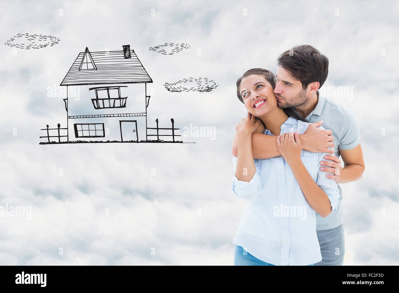 Composite image of cute couple hugging and smiling Stock Photo - Alamy