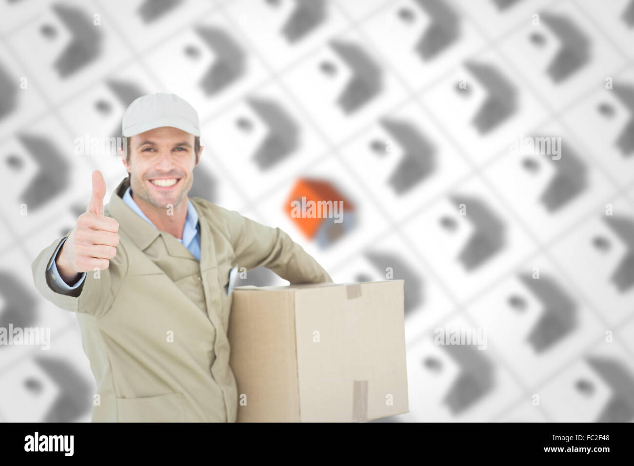 Composite image of happy delivery man gesturing thumbs up while ...