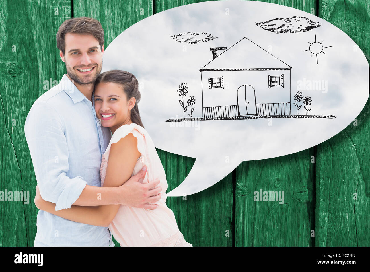 Composite image of attractive young couple hugging and smiling at ...