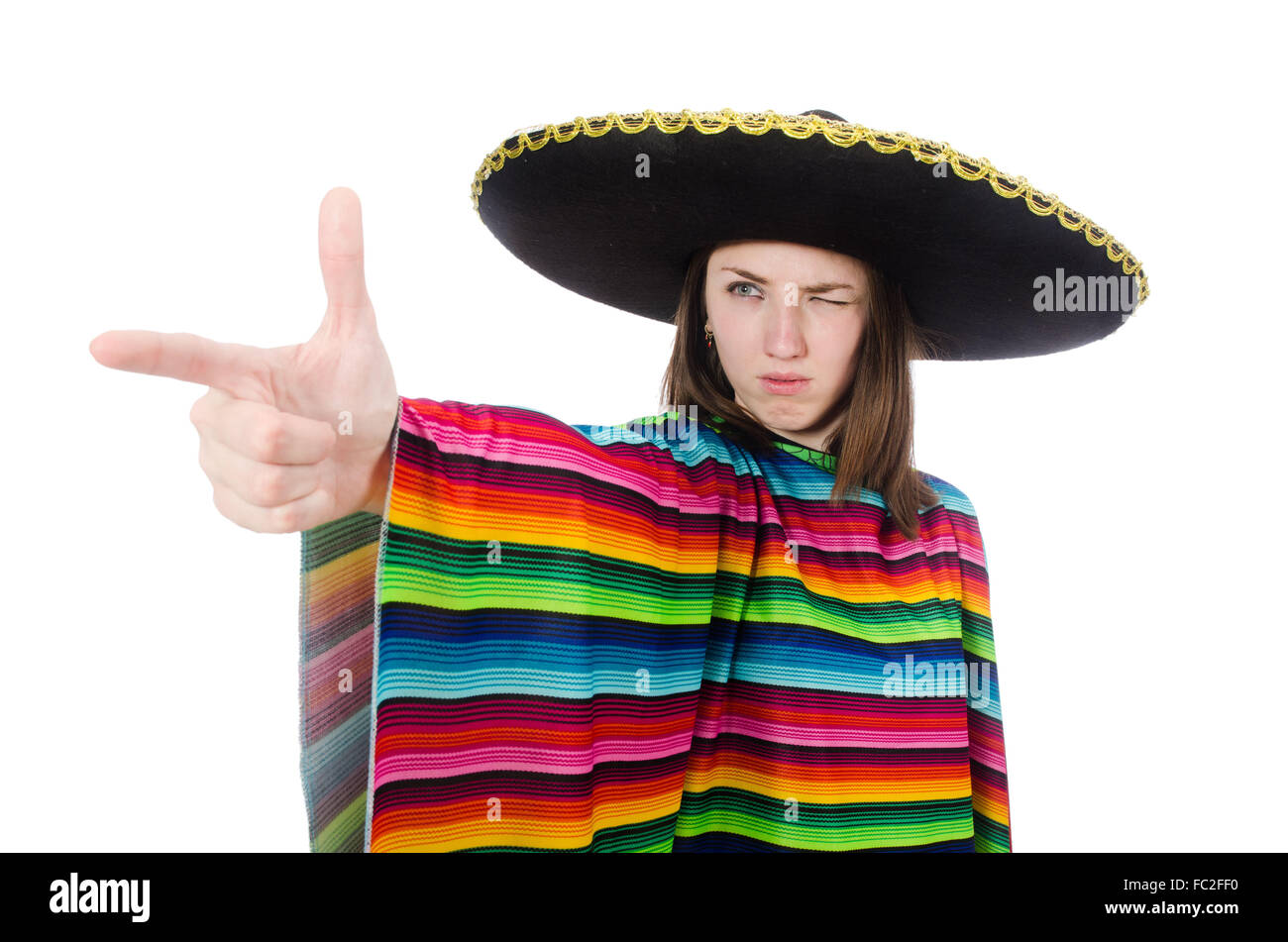 Pretty mexican girl in vivid pocho isolated on white Stock Photo - Alamy