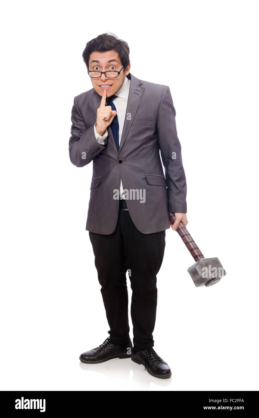 Business man holding hammer isolated on white Stock Photo - Alamy