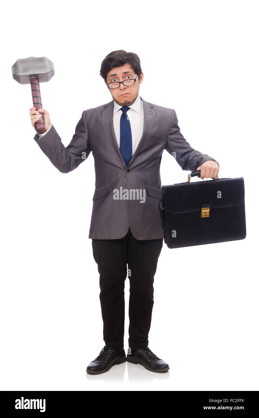 Business man holding hammer isolated on white Stock Photo - Alamy