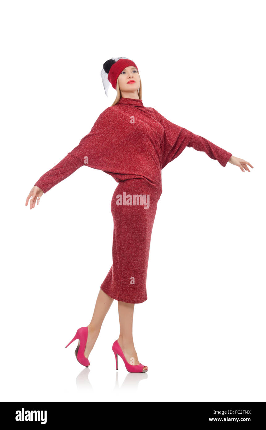 Pretty young woman in ruby dress isolated on white Stock Photo - Alamy