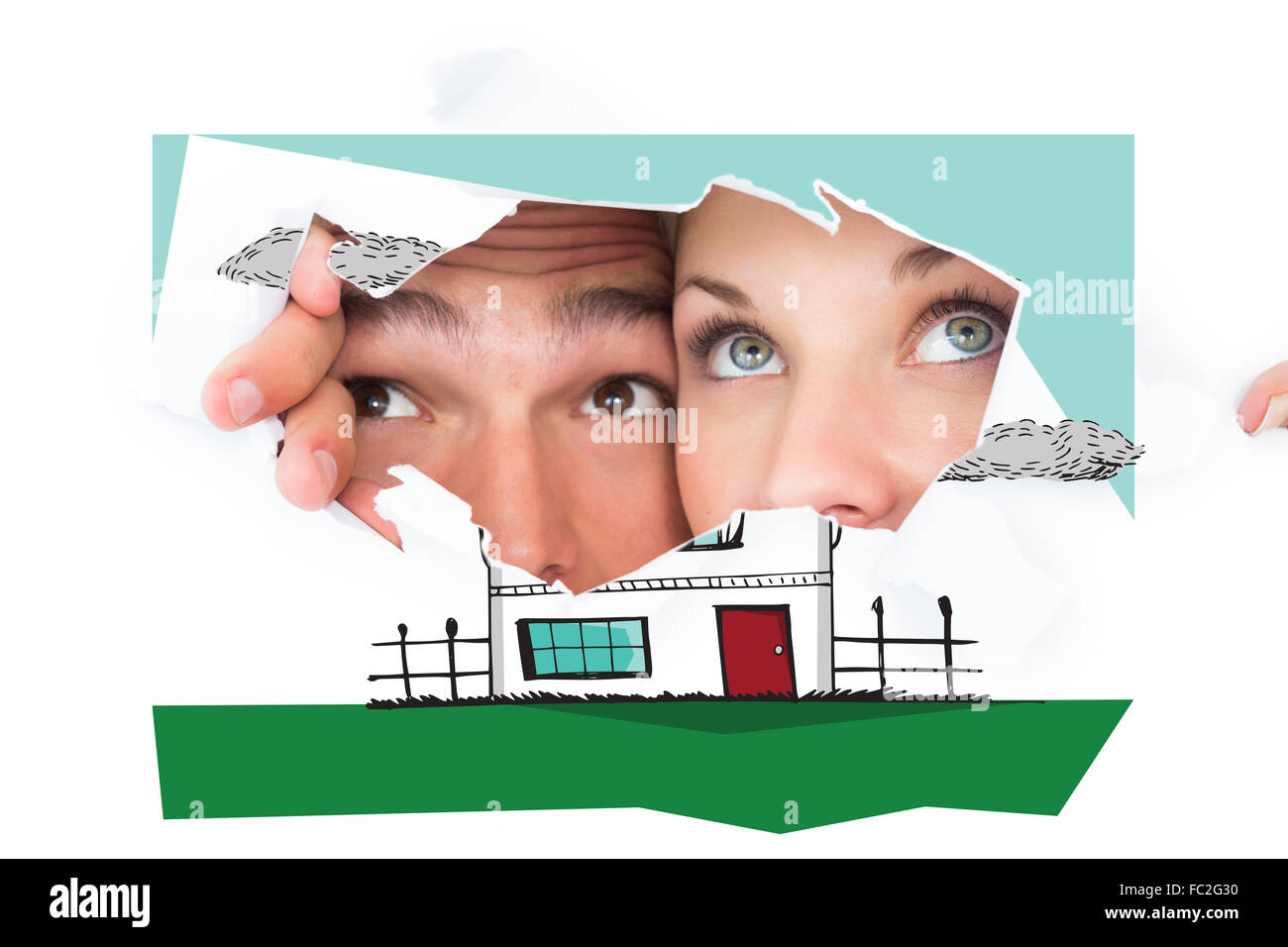 Composite image of young couple peeking through torn paper Stock Photo ...
