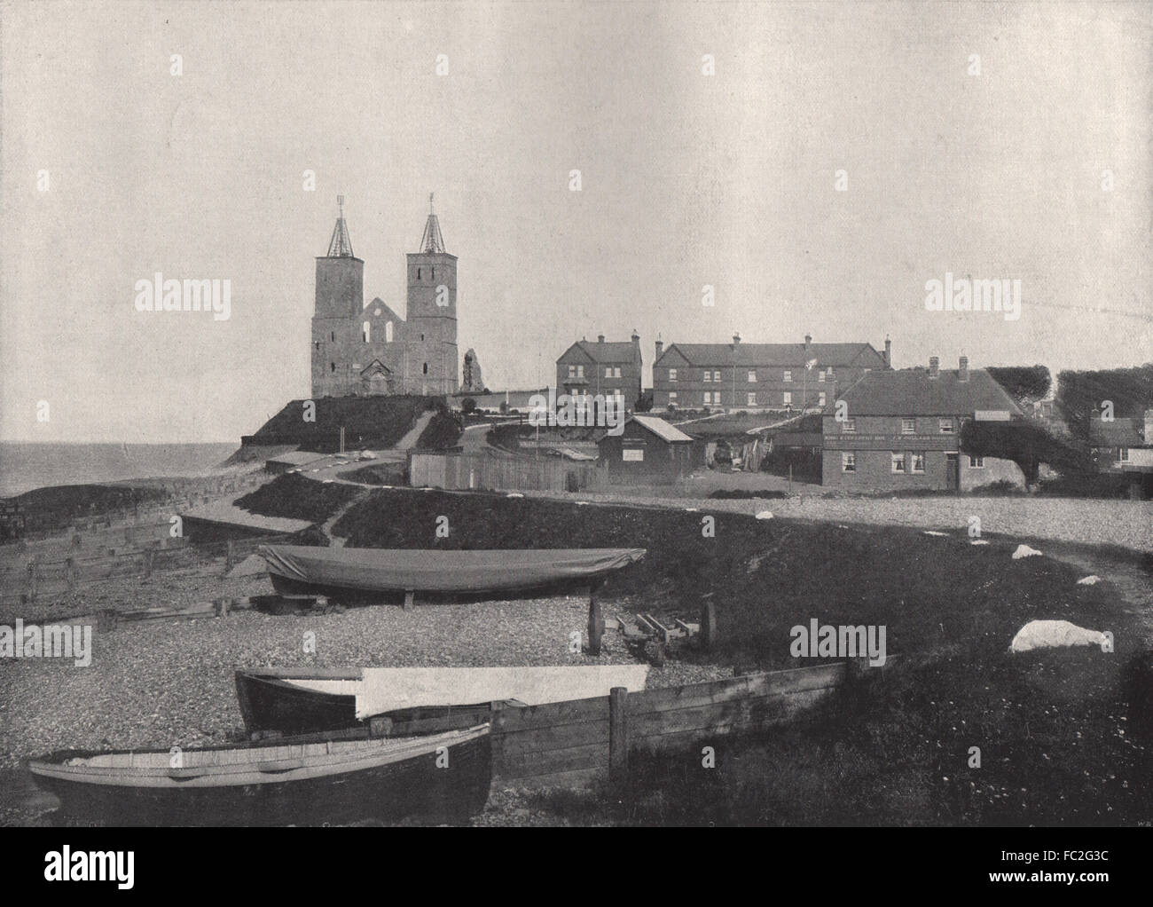 RECULVER. The village and the Reculver towers. Kent, antique print 1895 ...