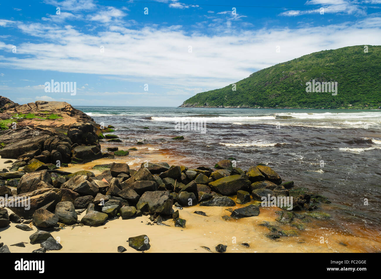 rocks and geological formation along rugged coastline in Florianopolis ...