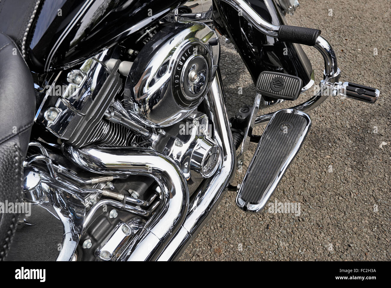 Custom Harley Davidson motorcycle engine with Harley logos Stock Photo ...