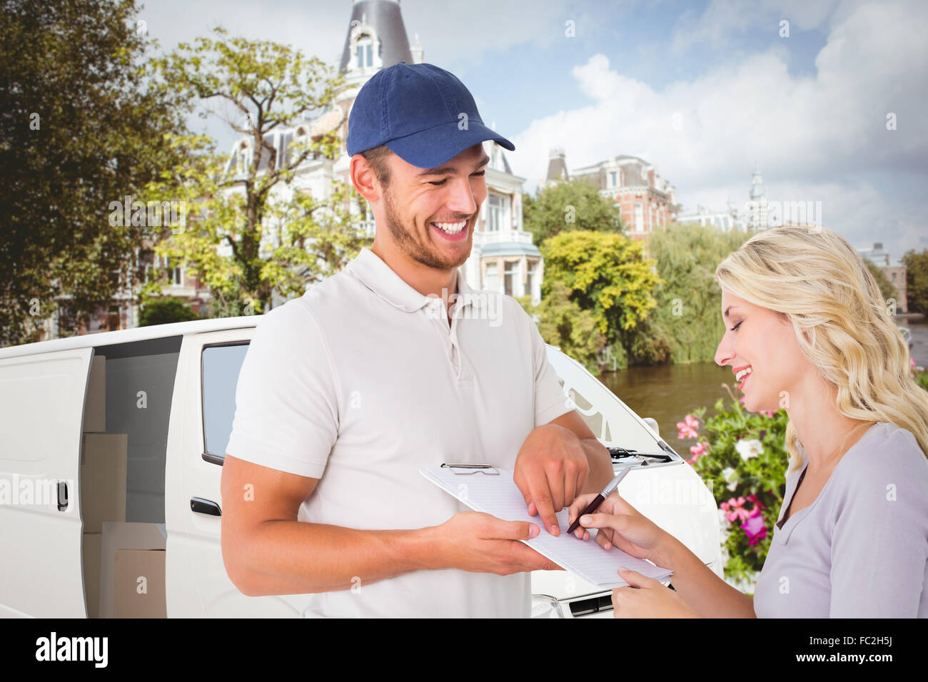 Composite image of happy delivery man getting signature from customer ...